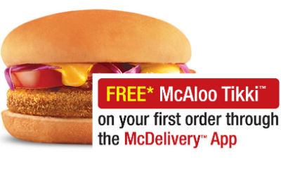 McDonalds McAloo Tikki Burger or chicken Kebab BurgerFree